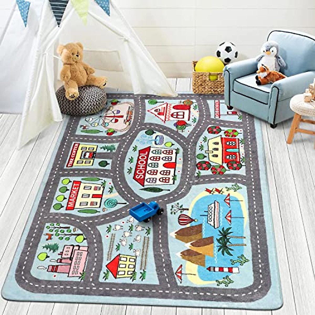 LIVEBOX Soft Kids Rug 4'x6' Carpet Play Mat for Baby Boys Girls, City Life Road Traffic Playroom Rug for Playing Cars Toys, Educational Nursery Rug for Children Bedroom Kids Room