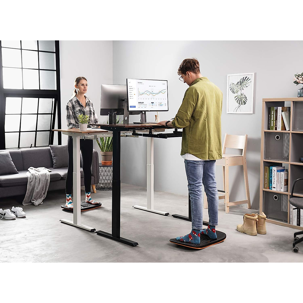 FEZIBO Electric Standing Desk with Drawer, 55 x 24 inches Splice Board | Anti Fatigue Mat Wooden Wobble Balance Board (Medium, Obsidian Black)