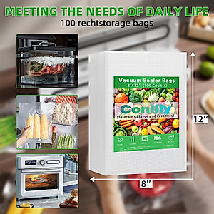 Conilly Vacuum Sealer Bags,100 Quart Size 8" X 12" Commercial Grade Sealer Bag, Bpa Free, Heavy Duty, Puncture Prevention, Great for Food Storage, Meal Prep or Sous Vide Cooking