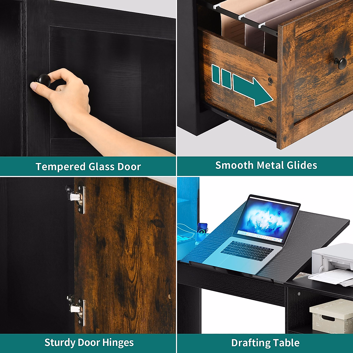 YITAHOME L Shaped Desk with Drawers & Hutch, 61" Computer Desk with Power Outlets & LED Lights, Corner Office Desk with Storage Cabinet, Drafting Table, Wood Desk, Black & Rustic Brown