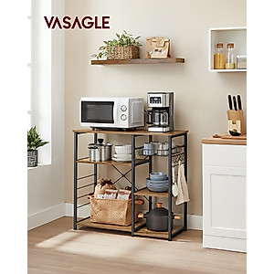 VASAGLE ALINRU Kitchen Baker’s Rack, Coffee Bar, Microwave Oven Stand, with Steel Frame, Wire Basket, 6 Hooks, for Mini Oven, Spices Utensils, Industrial, Rustic Walnut and Black UKKS090B41