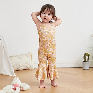 Emmababy Baby Girl Bell Bottoms Romper Toddler Floral Overalls Suspender Flare Pants Sleeveless Strap Jumpsuit Fall Clothes(Beige,12-18 Months)