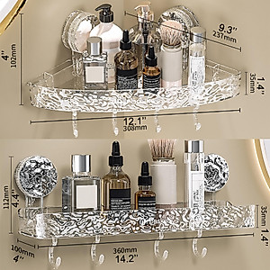 Quincry Light Luxury Style Glacier Pattern Suction Cup Shelf with Hook, Punch-Free Shower Storage Rack for Bathroom, No Drill Corner Wall Caddy for Kitchen (Clear(2pcs Rectangle))