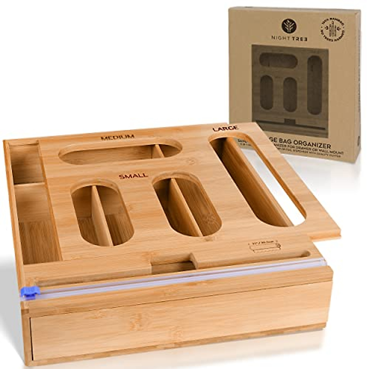 Night Tree Plastic bag storage organizer - Ziplock Sandwich bag organizer for kitchen plastic bag storage or Wall Mount - 5 in 1 Includes Plastic Wrap or Foil dispenser with Cutter