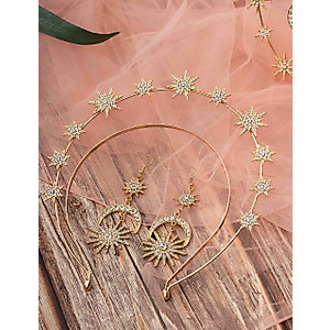 Zivyes Halo Crown Stars Goddess Crown Halo Headband Tiaras and Crowns for Women Boho Bridal Wedding Headpiece (1-Gold Crown With Earrings)