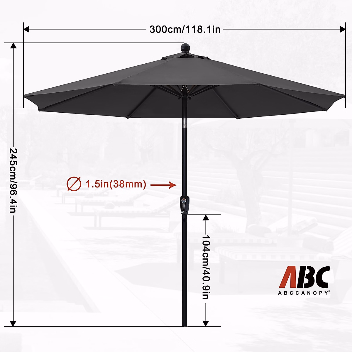 ABCCANOPY 10FT Patio Umbrella - Outdoor Waterproof Table Umbrella with Push Button Tilt and Crank, 8 Ribs UV Protection Pool Umbrella for Garden, Lawn, Deck & Backyard (Dark Gray)