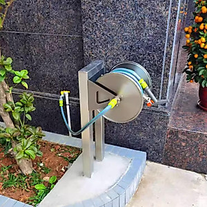 Stainless Steel Garden Hose Reel,Wall/Floor Mounted Metal Water Hose Reel, Portable Garden Hose Reel Heavy Duty Water Hose Holder & Storage Holds for Garden Outdoor Gardening
