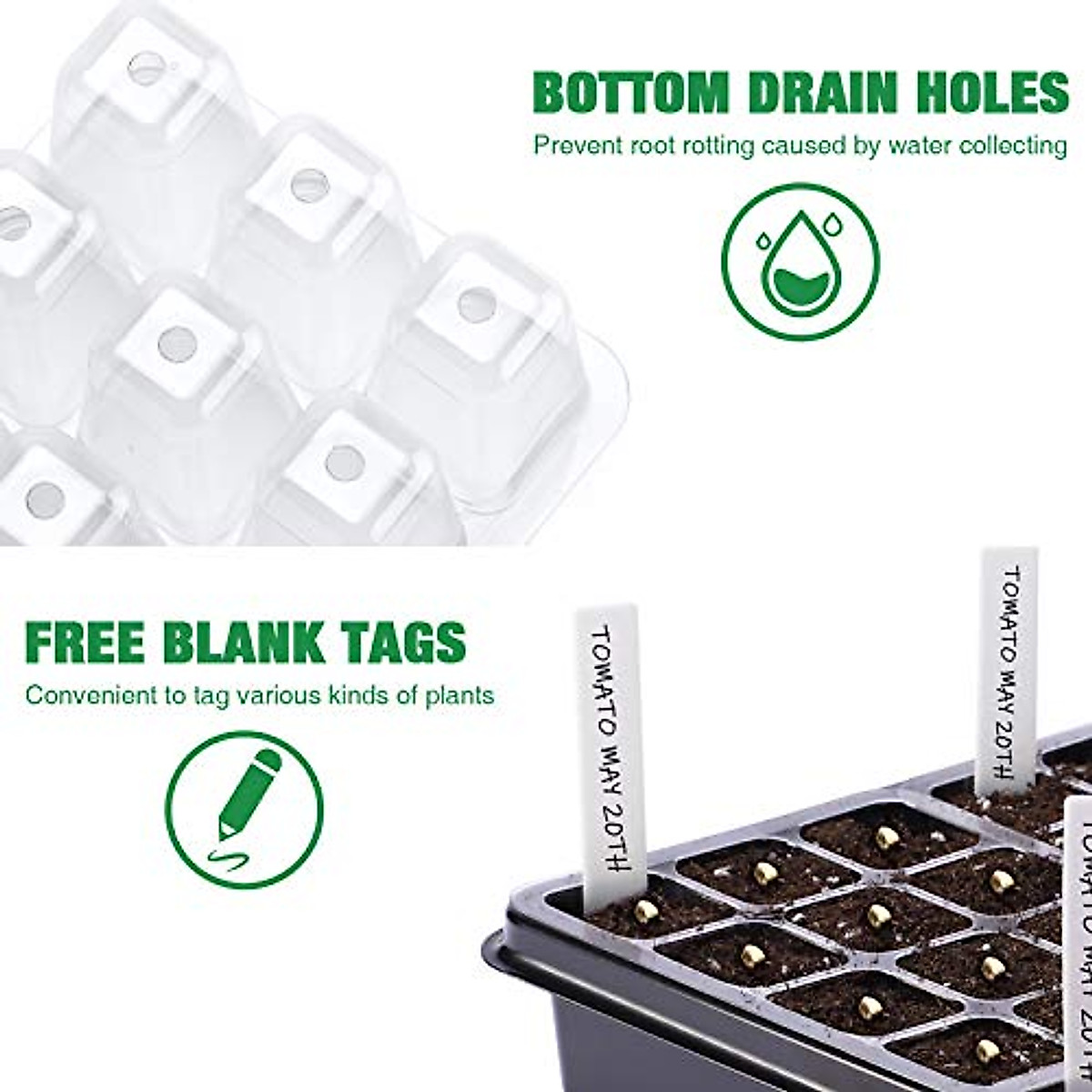 Delxo 3-Pack Seed Starter Tray Seedling Kit Tray (48 Cells per Tray) Humidity Adjustable Plant Germination Kit Garden Seed Starting Tray with Clear Dome and Black Base Plus Plant Tags Hand Tool Kit