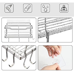 Carwiner Shower Shelf Deep Caddy 3-Pack basket with 10 Hooks & Soap Dish Holder, SUS304 Stainless Steel Bathroom Caddy Organizer Rack Adhesive Shampoo Holder Wall Mounted No Drilling (Silver)