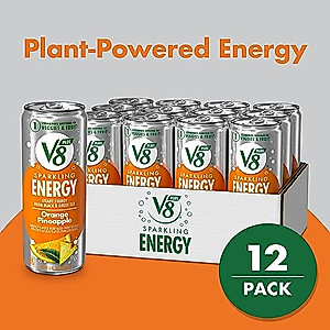 V8 +SPARKLING ENERGY Orange Pineapple Energy Drink, Made with Real Vegetable and Fruit Juices, 11.5 FL OZ Can (Pack of 12)