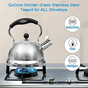 QuCrow Whistling Tea Kettle with Heat-Proof Handle, Kitchen Grade Stainless Steel Teapot Stovetops, 3 Quart, Silver