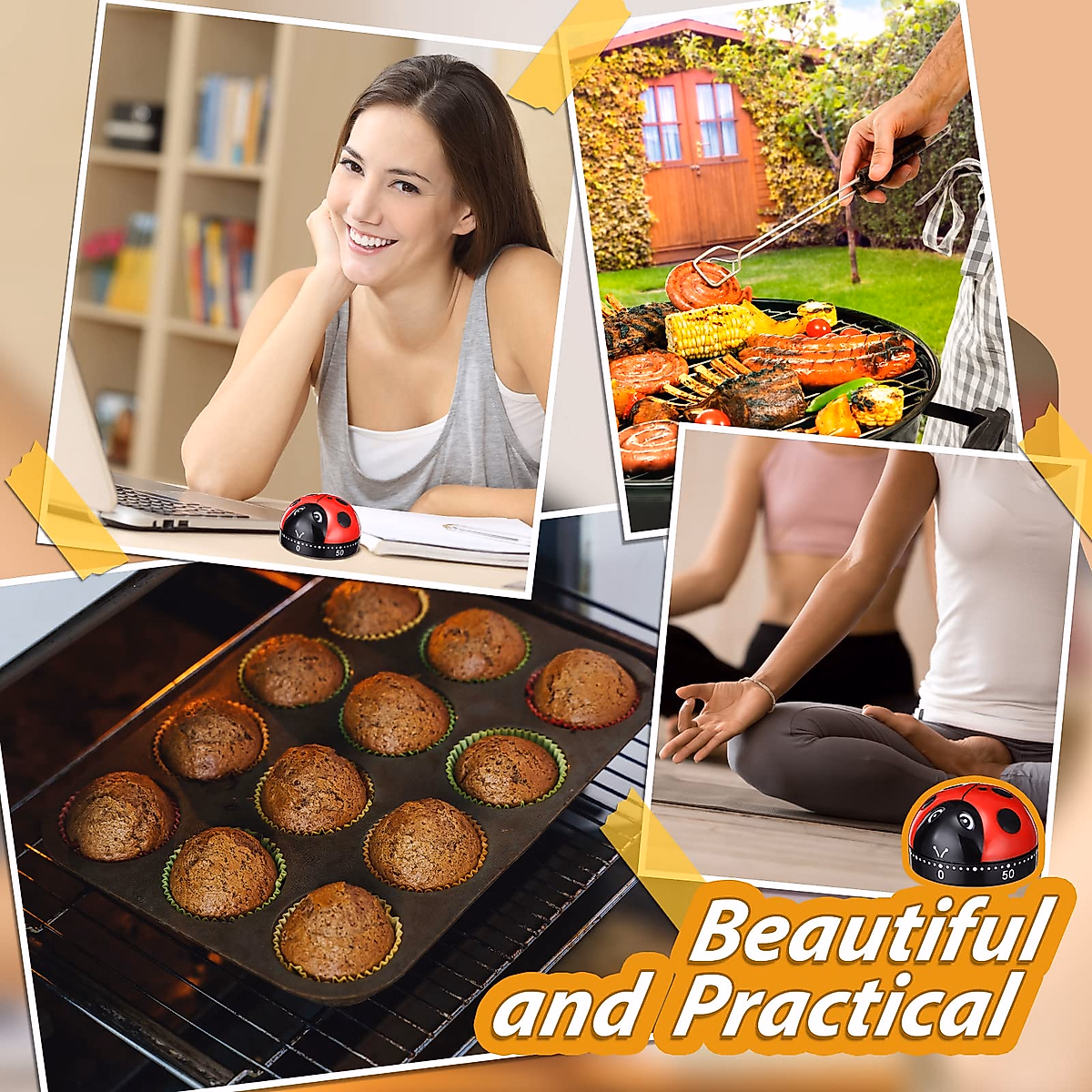 4 Pcs Ladybug Kitchen Timers for Cooking Cute Ladybug Cooking Timer 60 Minute Mechanical Timer Red Black Kitchen Alarm Clock for Kids Reading Do Sports Baking Gifts, No Battery Required