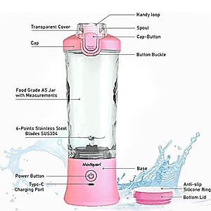 Modquen Portable Blender, 20 oz Personal Size Blender for Shakes and Smoothies, 240 Watt BPA-Free Mini Blender Cup, USB Rechargeable Cordless Blenders (Pink)