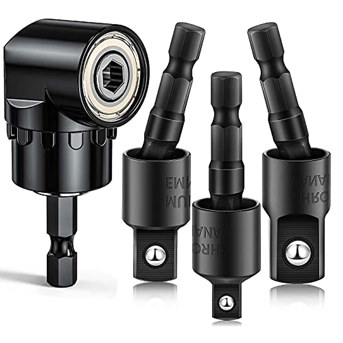 4pcs Drill-Bit-Extension Set, Includes Hex Shank 105° Right-Angle-Drill-Attachmen, 360° Rotatable Joint Socket 1/4 3/8 1/2" Universal Socket Adapter Set (Black)
