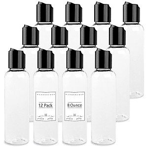 Qeirudu 8 oz Clear Plastic Empty Bottles with Disc Caps and Labels, 12 Pack Refillable Travel Containers Squeezable Lotion Bottles for Cream Shampoo Conditioner