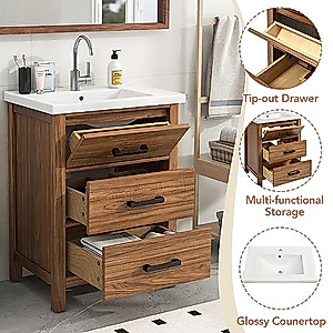 Poeyleja 24'' Bathroom Vanity with Ceramic Basin Sink, Modern Bathroom Storage Cabinet with 3 Drawers, Freestanding Bathroom Vanity Cabinet with Single Sink Natural Wood 24.4 * 18.3 * 33.8