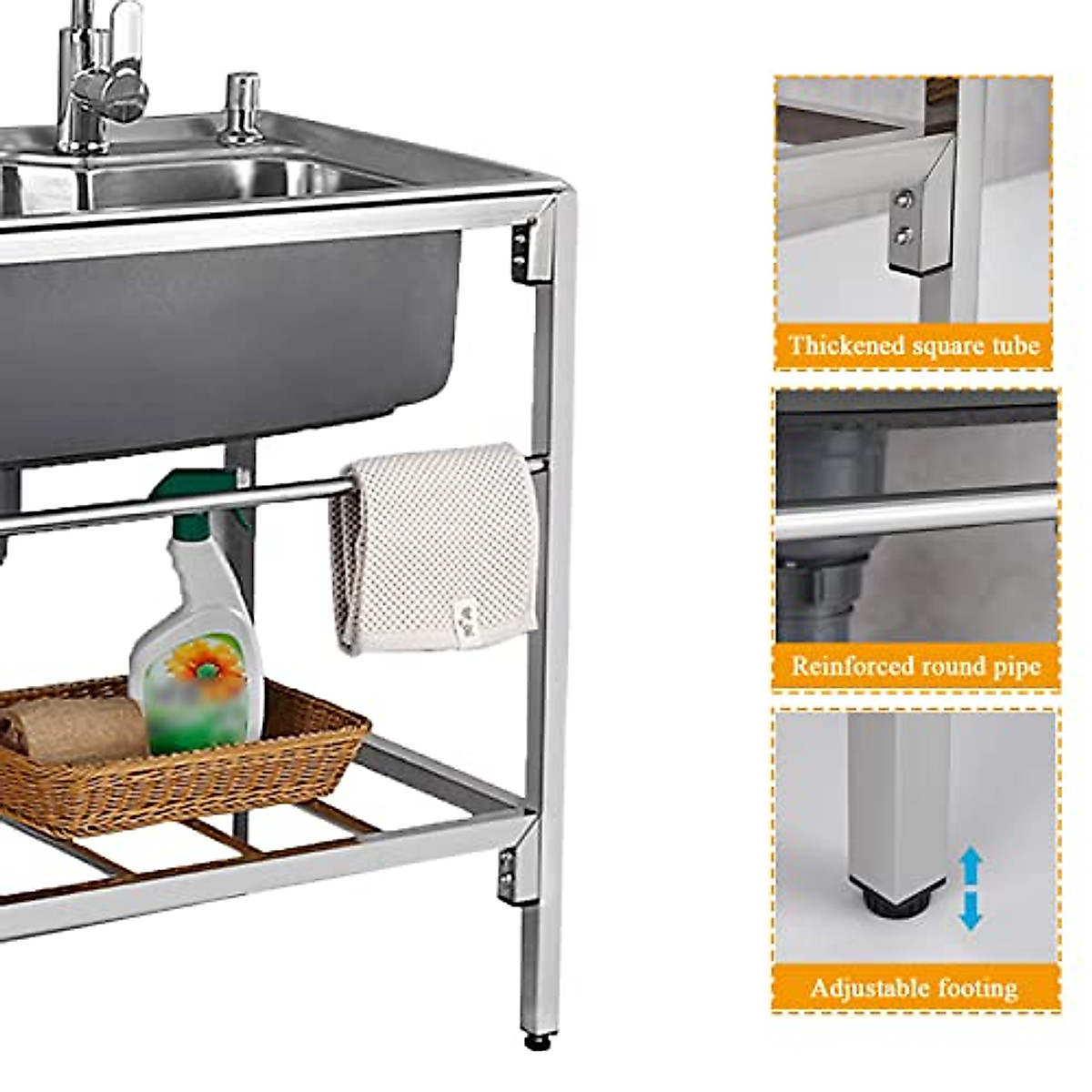 68 * 44cm Free Standing Kitchen Sink, Commercial Stainless Steel Single Sink Bowl Restaurant Table Utility Sink Washing Hand Basin w/ 360°Hot and Cold Faucet for Indoor Outdoor,68 * 44cm