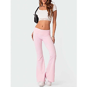 CXINS Women's Solid Color Fold Over Low Waist Pants Flare Leg Workout Leggings Bell Bottoms Bootcut Yoga Pants Pink Size M