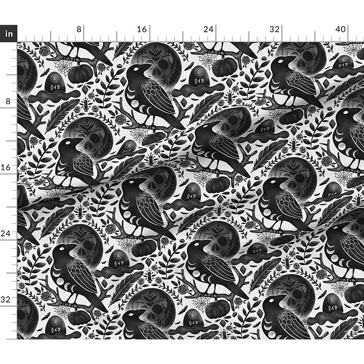 Spoonflower Fabric - Dark Halloween Night Raven Magic Feather Gothic Bats Skull Printed on Petal Signature Cotton Fabric Fat Quarter - Sewing Quilting Apparel Crafts Decor