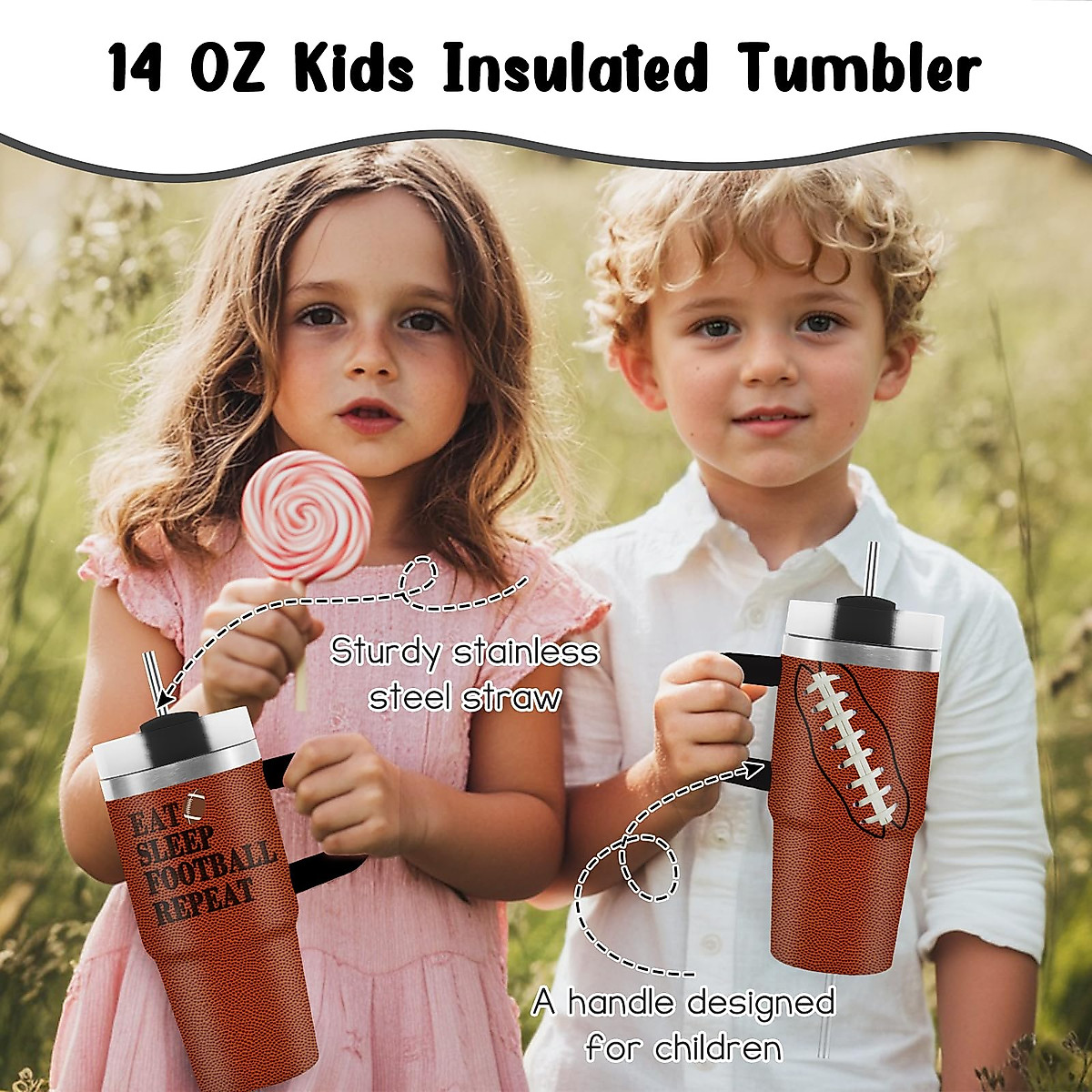 Football Gifts for Boys 8-12, Kids Football Tumbler with Handle and Straw 14 Oz, Insulated Stainless Steel Footballs Stuff Mug for Little Boys Girls Player Lovers Fans