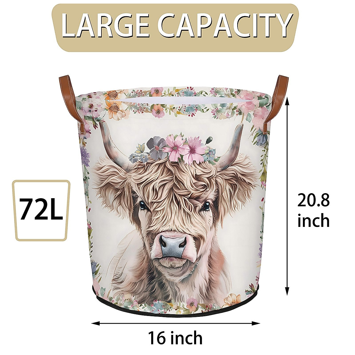 Mozaigos Highland Cow Laundry Basket Waterproof Collapsible Laundry Hamper Tote With Handles Toy Storage Basket Organizer Dirty Clothes Hamper for College Dorm, Bathroom, Bedroom, Living Room