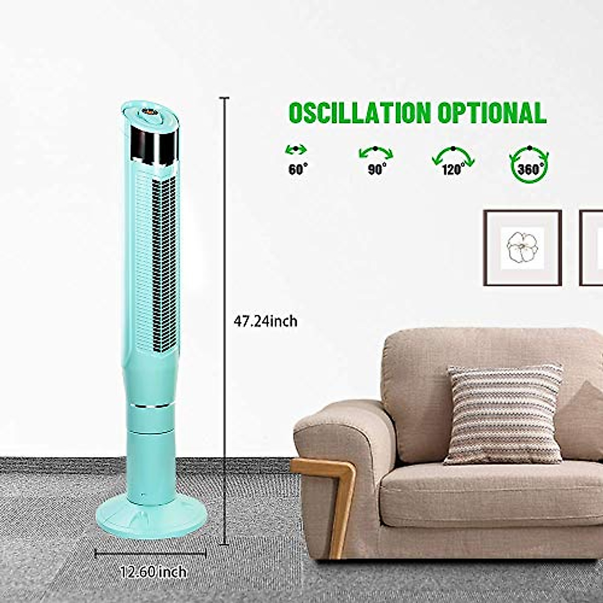 Kismile 47 inch Portable Oscillating Quiet Tower Fan with Remote Control,3 Modes and 8 Wind Speed Setting, Built in 24 H Timer LED Display for Bedroom,Home,Office,Dormitory (47 inch, Green)