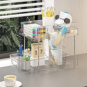 DOMNIU 2 Tier Clear Organizer with Dividers, Pantry Organization and Storage Multi Purpose Slide-Out Bathroom Organizer, Kitchen Pantry Medicine Cabniet Bins, Under Sink Organizer with Hanging Cup