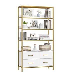 HITHOS 5 Tier Bookshelf with Drawers, 71" Tall Bookcase with Shelves, 35.4" Wide Free Standing Book Storage Shelf, Modern Wood Display Cabinet for Living Room, Study, Home Office, White Gold