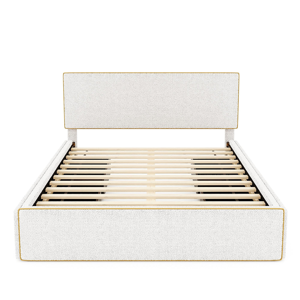 Queen Size Bed Frame with 4 Storage Drawers, Modern Upholstered Platform Bed with White Edge On The Headboard & Footboard, Wood Slat Support, No Box Spring Needed (White-Queen)