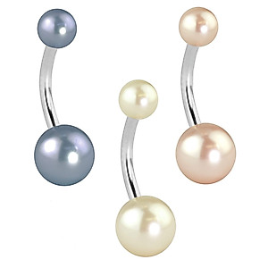 Forbidden Body Jewelry 3-Pk Surgical Steel Double Ball Imitation Pearl Belly Button Ring, Navy/Pink/White