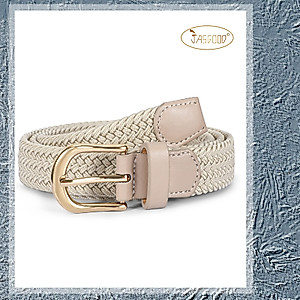 JASGOOD Women Braided Elastic Belt, 1'' Narrow Width Woven Fabric Belt for Jeans Men Golf Belt with Gold Buckle, B-Black+Khaki