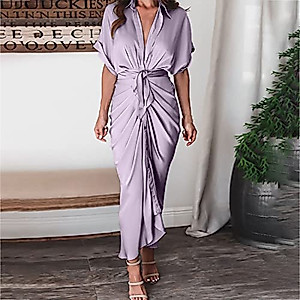 FZYLQY Women's Elegant Satin Maxi Dress Short Sleeves Button Down Shirt Long Dress Casual V Neck Loose Prom Dresses