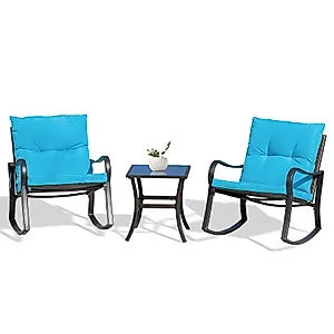 domi outdoor living 3 Pieces Bistro Set Outdoor Rocking Chairs All Weather Patio Wicker Furniture Set with Thickened Cushion and Glass Top Coffee Table for Yard,Bistro (Blue)