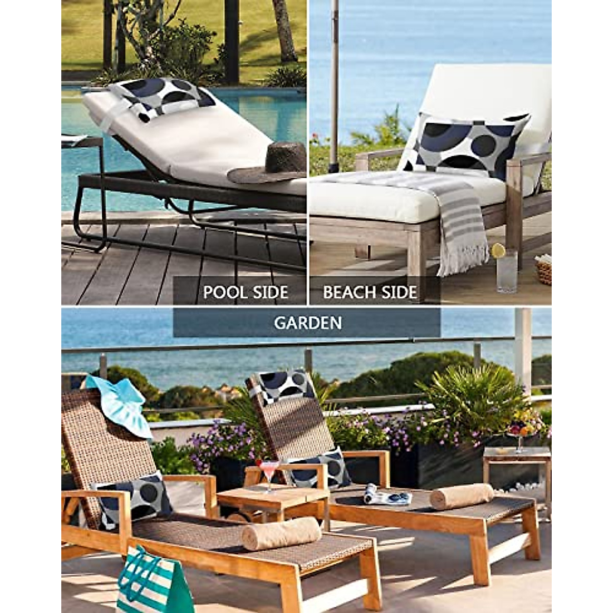 Recliner Head Pillow Ledge Loungers Chair Pillows with Insert Navy Blue and Grey Geometry Pattern Lumbar Pillow with Adjustable Strap Outside Patio Decorative Garden Cushion for Bench Couch, 2 PCS