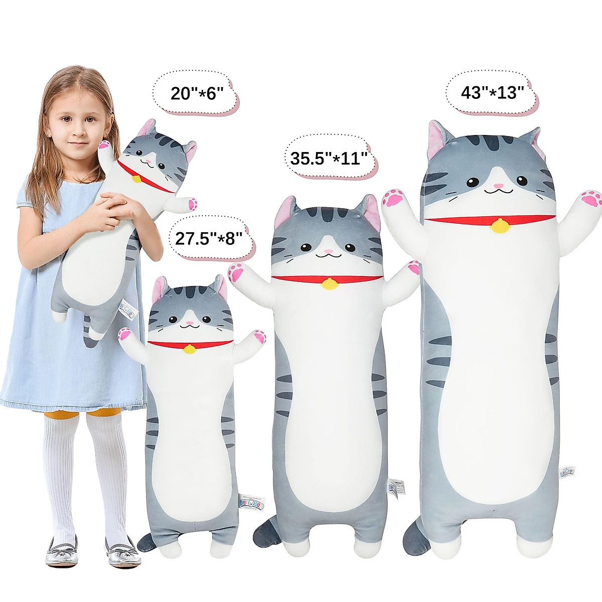 BenBen Long Cat Plush Pillow, 43 inch Cat Stuffed Animal, Cute Body Pillow for Adults, Kids, Soft Cuddle Pillow, Large Huggable Kitten Plushies Gift for Birthday, Christmas