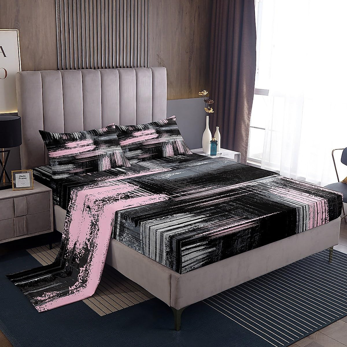 Abstract Pink and Black Sheets with Deep Pocket Fitted Sheet Full, Geometric Artistic Smear Sheet Set Abstract Graffiti Art Bed Sheets Set Contemporary Modern Brush Design Bedding Set Full Size