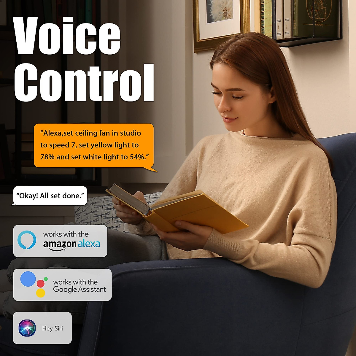 52“ Smart Ceiling Fan With Light, Low Profile With 10 Speeds, Silent DC Motor, Farmhouse Ceiling Fan Compatible with Alexa, Siri, Google & Smart App, Black & Walnut,Indoor & Outdoor