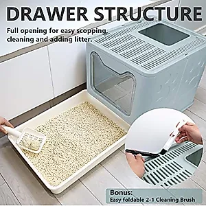 Foldable Cat Litter Box with Lid, Enclosed Cat Potty, Top Entry Anti-Splashing Cat Toilet, Easy to Clean Including Cat Litter Scoop and 2-1 Cleaning Brush (Blue), Large