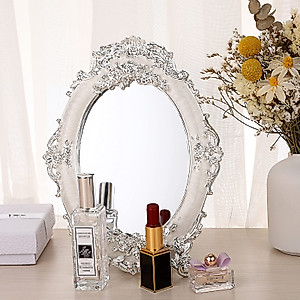 JUXYES Small Tabletop Dressing Mirror Vintage Metal Desktop Mirror with Stand, Antique Embossed Roses Countertop Makeup Mirror Retro Oval Cosmetic Decorative Mirrors for Table Centerpieces