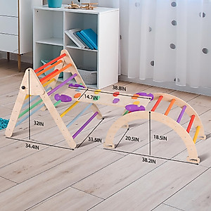 Agiyimi 4 in 1 Pikler Triangle Climber, Foldable Wooden Triangle Ladder Montessori Climbing Toys with Ramp Arch Climber Rocker Indoor Outdoor Gym Playground Climbing Toys for Toddlers(Multicolor)