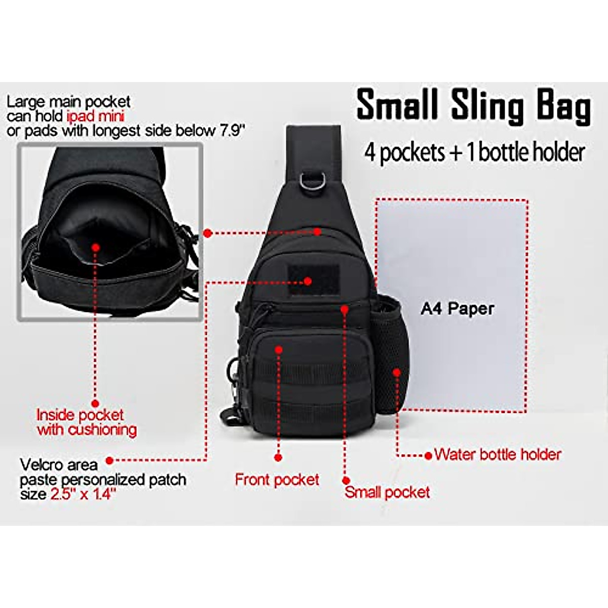 Ait fish Small Crossbody Tactical Sling Bag for Men and Women - One Shoulder Backpack for Hiking Travel - Black