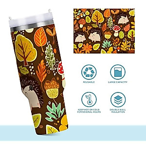 40 Oz Cute Hedgehog Autumn Insulated Water Tumbler with Handle and Straw Lid, 2 in 1 Lid Insulated Vacuum Insulated Tumbler