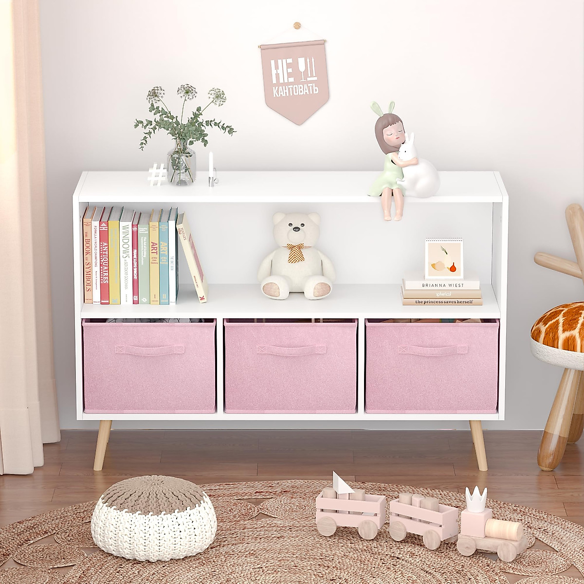 BAOMKONG Kids Bookcase and Bookshelf Multi Shelf Cubby with Collapsible Fabric Drawers Kid's Bookshelf and Toy Storage Organizer for Playroom Nursery Children's Room School, White+Pink