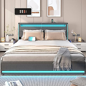 Dnxao King Bed Frame with Headboard & LED Lights, Upholstered Platform Bed Frame with Type-C & USB Ports, Strong Frame and Metal Slats Support, No Box Spring Needed, Easy Assembly, Dark Grey