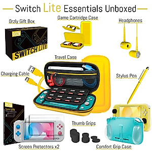 Orzly Switch Lite Accessories Bundle - Case & Screen Protector for Nintendo Switch Lite Console, USB Cable, Games Holder, Comfort Grip Case, Headphones, Thumb-Grip Pack & more (Orzly Gift Pack Yellow)