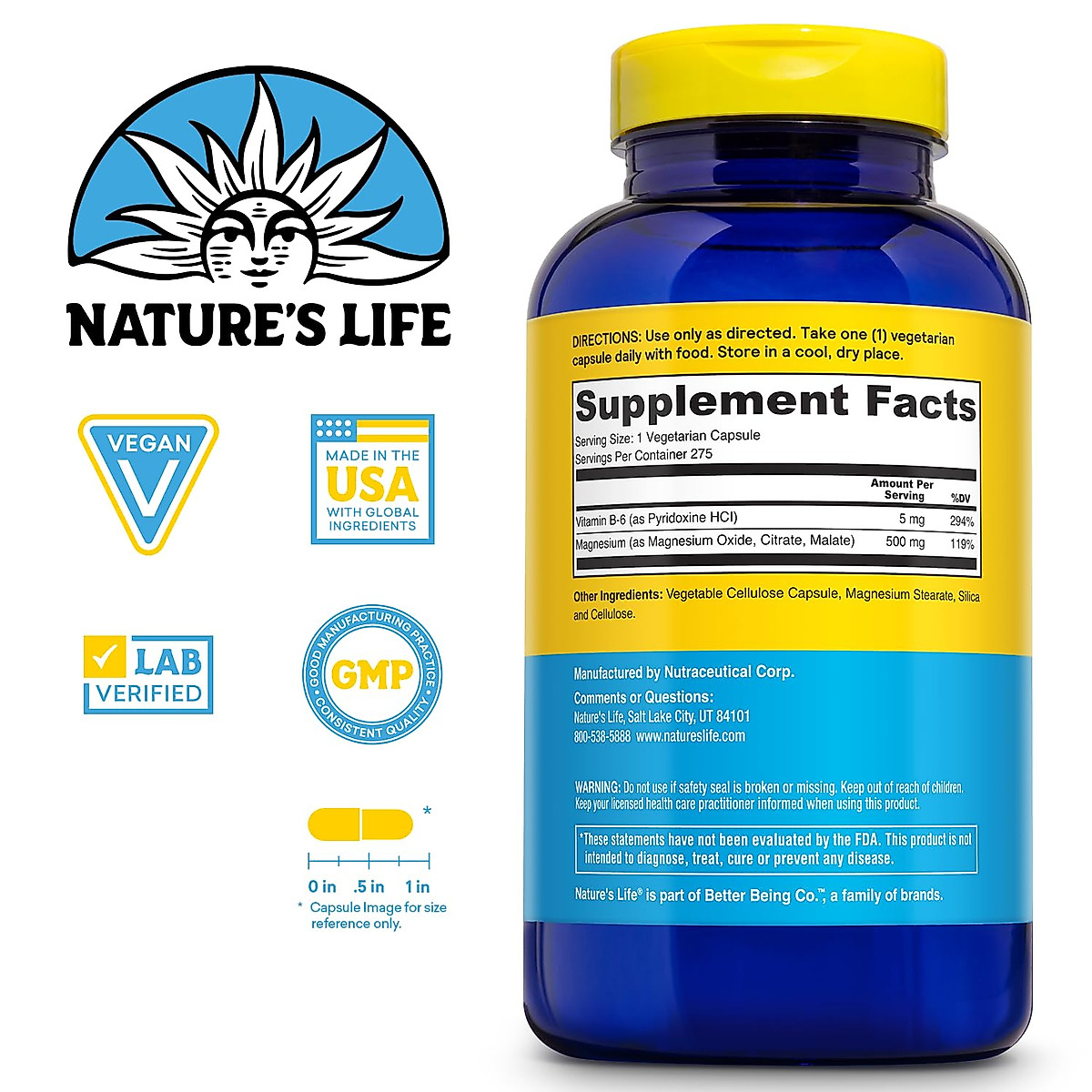 Nature’s Life Renewing Magnesium 500 mg - Magnesium Citrate, Magnesium Malate, Magnesium Oxide Plus Vitamin B-6 - Muscles and Nerves Support - Lab Verified - 275 Servings, 275 VegCaps