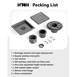 Black Shower Drain 4 Inch with Flange CUPC Certified- Made of 304 Stainless Steel, Square Shower Drain Includes Removable Cover Grid Grate,Thread Adapter, Shower Drain