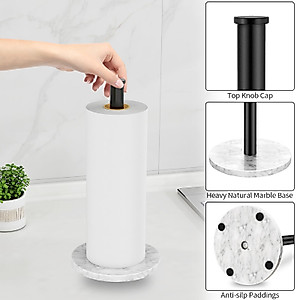 Paper Towel Holder Countertop, Jesginboo Kitchen Paper Towel Holder Stand with Natural Marble Base for Standard and Large Size Rolls (Black, 1 Pack)