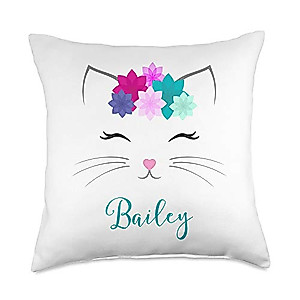 Kitty Cat Bailey Name Gifts Bailey Name Gift Girls Personalized Kitty Cat Bedroom Decor Throw Pillow, 18x18, Multicolor