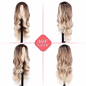 Sodfey Long Brown Mixed Blonde Wavy Wig for Women Middle Part Curly Wavy Wig Natural Looking Heat Resistant Fiber Synthetic Wig for Daily Party Use (26in, R2/6/26)